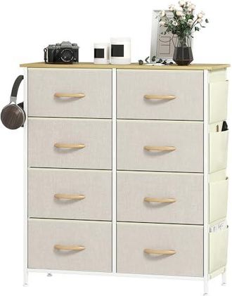 HOMCOM Commode 8 tiroirs en Tissu, Meuble de Rangement avec 4 Poches, 2 Crochets, Structure en Acier, chiffonnier pour Salon, Chambre, entr&eacute;e, Beige