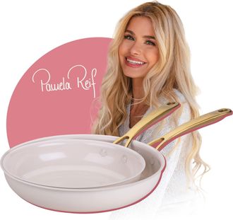 Fackelmann x Pamela Reif Bratpfannen-Set 2-tlg &Oslash; 24-28 cm - Stilvolle Pfannen aus recyceltem Aluminium, pastell beige mit edler Gold-PVD-Behandlung, f&uuml;r alle Her