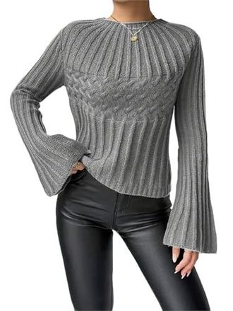 Generic Haut court &agrave; manches cloches pour femme - Tendance - L&eacute;ger - Col rond - En tricot c&ocirc;tel&eacute; - Couleur unie - D&eacute;contract&eacute; - Bordure en laitue, gris, XL