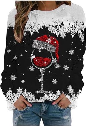Generic Pull Moche Noël Femme Pull Renne Noel Sweatshirt Décontracté a Manches Longues Raglan Col Rond Imprimé Flocons de Neige Et Verres a Vin pour Femme (Do
