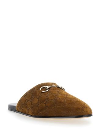Gucci Horsebit and GG Motif Suede Mule - Brown
