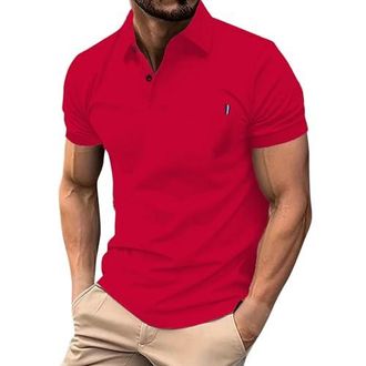 Generic Polo pour homme europ&eacute;en, pur, color&eacute; et polyvalent avec col ample, boutonni&egrave;re, col ouvert, manches courtes de sport c&ocirc;tel&eacute;es, Rouge past&egrave;que, XXL