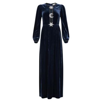 Saloni Robe longue Camille orn&eacute;e de motifs soleil- lune et &eacute;toiles - Femme - Robes - Bleu - Taille: 42 FR