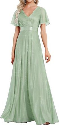 Ever-pretty Robe Longue de Soiree Tulle Plissé Femme Manches Courtes Col V A Line Taille Empire Brillante Élégante Verte Menthe 36