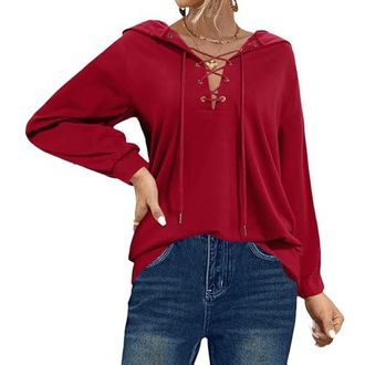 Generic Sweat &agrave; Capuche Long pour Femme, Pull &agrave; Cordon de Serrage, Manches Longues, col en V, Rouge Bordeaux, Taille S