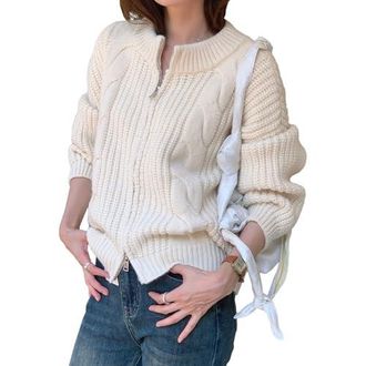 Generic Pull décontracté en tricot épais avec fermeture éclair pour femme, abricot, M