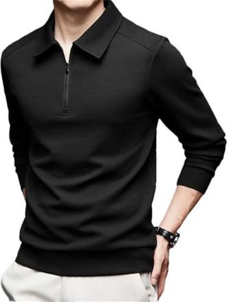 Generic Pull classique à demi-fermeture éclair, polo de luxe pour homme, décontracté, couleur unie, manches longues, léger, Noir, S