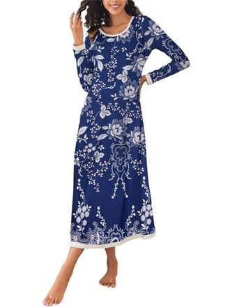 Ekouaer Chemise de Nuit Femme Manches Longues Chemise de Nuit &eacute;l&eacute;gante Robe de Nuit Douce Chemises de Nuit Longues Couleur Contrast&eacute;e Robe de Nuit V&ecirc;tements d