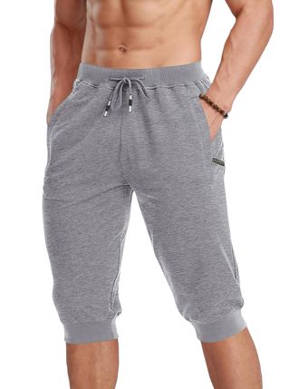 Magcomsen Herren Sport Capri 3/4 Sommer Hose Atmungsaktiv Fitness Shorts mit Multi Taschen Herren Leicht Trainingshose Kurz Slim Fit Wanderhose Hellgrau 32