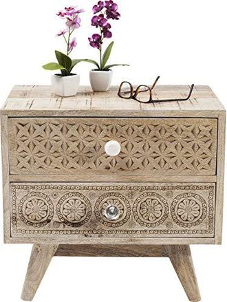 Kare Design Design Kommode Puro Klein, Nachttisch mit aufwendigen Schnitzereien, Nachtschrank aus Holz, Hellbraun (H/B/T) 46x50x35cm