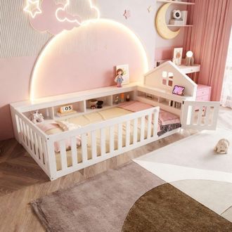 Generic Massivholz-Kinderbett 90x200 cm in Weiß - Mit Dachleiste & Fenster - Praktisches Staufach & Sicherheitsgitter mit Tür - Rundum-Schutz & inkl. Lattenro