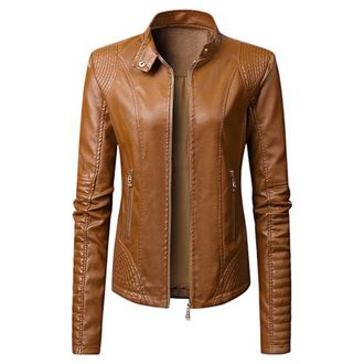 Generic Blouson de moto en similicuir avec fermeture &eacute;clair pour femme, marron, XXL