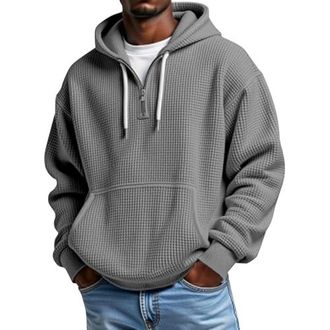 Generic Sweat &agrave; capuche pour homme - Motif gaufr&eacute; - Manches longues - Avec fermeture &eacute;clair 1/4 - Couleur unie - Confortable - Pull en tricot d&eacute;contract&eacute; - Av