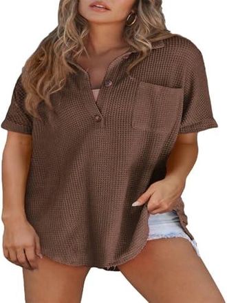 Generic Haut en tricot gaufr&eacute; pour femme, chemises Henley, manches courtes, col en V, tunique d&eacute;contract&eacute;e de couleur unie, boutonn&eacute;e &agrave; manches courtes pour f