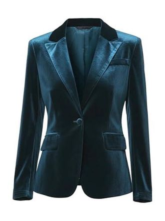 Allegra K Blazer en Velours Femme &agrave; Revers Crant&eacute;, Manches Longues, Veste de Costume &agrave; Un Bouton pour Bureau Habill&eacute; Costume de No&euml;l Bleu M