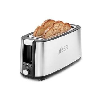 Ufesa Grille-Pain Toastie Duo 1400W en Acier Inoxydable, 2 Fentes Longues, 7 Niveaux de Puissance, Fonctions R&eacute;chauffer/D&eacute;congeler/Annuler et Plateau Ramass