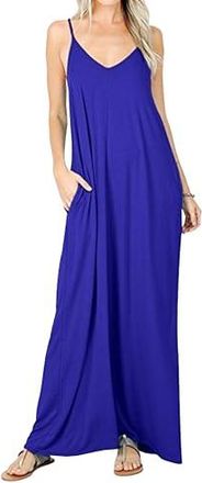 Generic Robe Longue dété pour Femme, Style bohème, Sexy, à Bretelles, décontractée, Ample, en Coton, avec Poches, pour la Plage