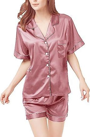 Generic Ensemble de pyjama en satin soyeux &agrave; manches courtes pour femme - V&ecirc;tements de nuit en satin pour femmes - Ensembles de v&ecirc;tements de d&eacute;tente petite et