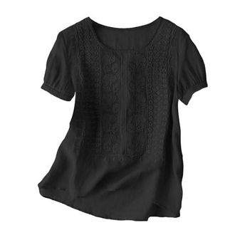 Generic Chemise en lin pour femme habill&eacute;e d&eacute;contract&eacute;e r&eacute;tro broderie fleur hauts &agrave; manches courtes boh&egrave;me d&eacute;t&eacute; tendance tunique fluide, Noir, XXL