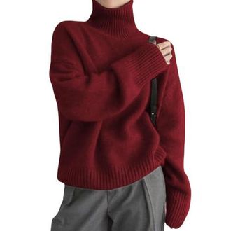 Generic Pull &agrave; col roul&eacute; pour femme, pull &eacute;l&eacute;gant en tricot d&eacute;contract&eacute; &agrave; &eacute;paules tombantes, couleur unie, pull &agrave; manches longues et col haut, Rouge, XL