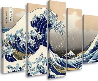 Feeby Bild auf Leinwand 150x100 cm Tsunami-Welle Ukiyo-e Japan 5-teilig modern Druckbild Wandbild Wanddekoration Aesthetic Kanagawa Holzschnitt Hokusai Blau