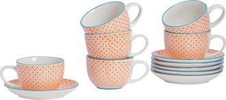 Nicola Spring Handgedruckter Cappuccino -Cup & Saucer -Set - 250ml - Orange - 12pc