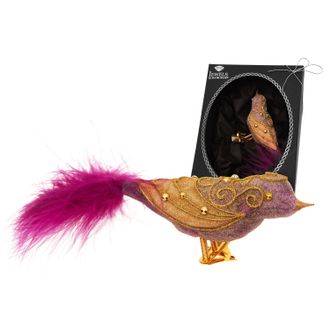 Krebs Glas Lauscha Weihnachtsdekoration/Christbaumschmuck aus Glas - Vogel exquisit auf Clip mit Feder - Farbe: Violett, Gold mit violetter Feder - Gr&ouml;&szlig;e: ca. 17 cm