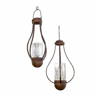 Loberon Solar-Hängelaterne 2er Set Marsa, antikes Design, handgefertigt, mit Solarpaneel, Zwei Größen, Gartendekoration, Gartenbeleuchtung, Outdoor, Eisen, Gl