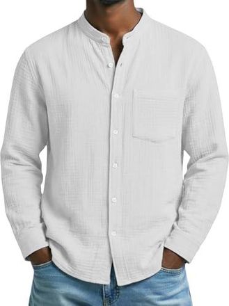 Generic Chemises en lin pour homme col grand-p&egrave;re manches longues col &agrave; bandes chemises en lin avec poche poitrine d&eacute;contract&eacute;e unie intelligente chemise de p