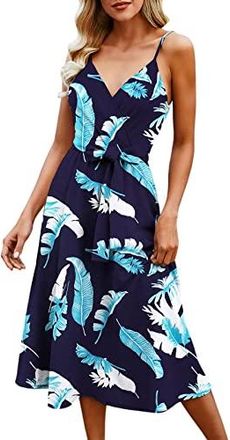 Generic Robe d&eacute;t&eacute; 2026 boh&egrave;me sans manches avec col en V et bretelles florales, ligne A, &eacute;l&eacute;gante, avec ceinture, noir fonc&eacute;, XL