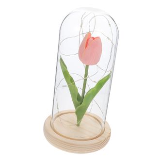 BESPORTBLE LED Tulpen Ornament mit Filigranem Glasdom Leuchtende Nachttischdeko Kreative Wohnzimmertisch Beleuchtung Realistische K&uuml;nstliche Blume f&uuml;r Indoor Des