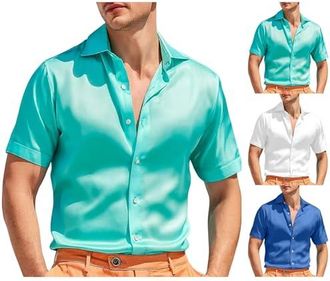 Generic Chemise cubaine en satin brillant &agrave; manches courtes pour homme, coupe ajust&eacute;e, d&eacute;contract&eacute;e, urbaine, &eacute;l&eacute;gante, boutonn&eacute;e avec poche, chemise de luxe 