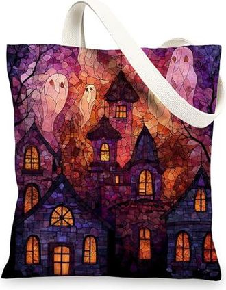 Generic Haunted House Sac fourre-tout en toile Motif fantôme effrayant Sacs de courses réutilisables, vintage, gothique, léger, lavable, épaule S, Violet, 13x