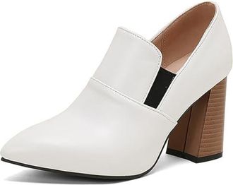 Generic Bottes Femme Bout Pointu Classiques en Cuir PU Talons Bloc Haut Design Peu Profond Enfiler pour Bureau, Soir&eacute;e, Travail et D&eacute;contract&eacute;,Blanc,39 EU