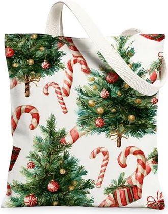 Generic Sacs fourre-tout en toile de No&euml;l, motif arbre festif et canne &agrave; sucre, sacs de courses r&eacute;utilisables, respectueux de lenvironnement, l&eacute;gers et lavabl