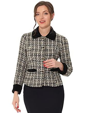 Allegra K Manteau élégant en tweed à col en velours pour femmes Abricot Noir Blanc M