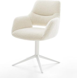 DELIFE Drehstuhl Yago-Flex mit Armlehnen Teddystoff Beige Fu&szlig;kreuz Wei&szlig; 360&deg; drehbar Wippfunktion Taschenfederkern, Esszimmerst&uuml;hle