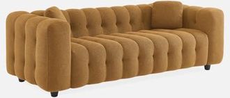 Sweeek Canapé 3 Places en Bouclette texturée capitonné Jaune Moutarde - Structure Bois deucalyptus et contreplaqué