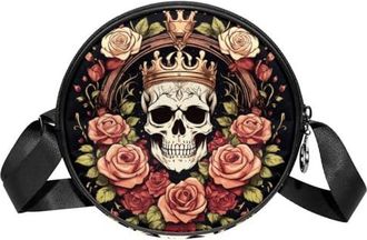 Generic Petit sac &agrave; bandouli&egrave;re circulaire pour femme, motif cr&acirc;nes, fleurs, petit sac &agrave; bandouli&egrave;re avec fermeture &eacute;clair, bretelles r&eacute;glables, sac &agrave; main ro