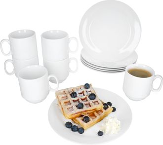 MamboCat Tommy 12tlg Frühstücksset I weißes Porzellan-Geschirr für Frühstücks- & Kaffeezeit I Je 6x Teller & stapelbare Kaffeebecher 220ml für 6 Personen