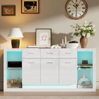 Liberte Buffet blanc 160 cm brillant, LED tactile, 3 tiroirs, 3 portes, verre tremp&eacute;