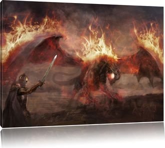 Pixxprint Ritter kämpft gegen Drachen im Feuer, Größe: 120x80cm, Leinwandbild, fertig gespannt, Wandbild, Dekoration, Kunstdruck, kein Poster