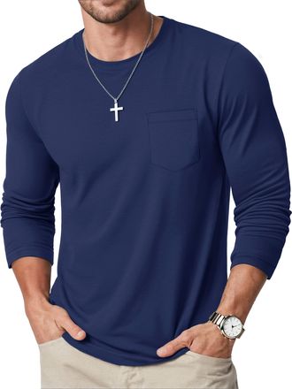 Magcomsen Shirt Langarm Herren Longsleeve Rundhals Einfarbige Langarmshirt Casual Arbeit Tshirt mit Tasche Dunkelblau 2XL