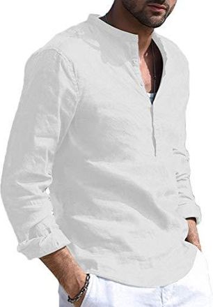 Onsoyours Homme Automne Chemise Casual Blouse Chemise en Lin Manches Longues Slim Fit Col V Shirt Tops Mode Casual Plage Chemise Confortable Respirant B Blanc M