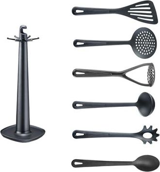 Westmark Küchenutensilien - Drehständer Gentle mit Kartoffelstampfer, Brat- u. Gemüselöffel, Spaghettilöffel, Suppenkelle, Schaumlöffel und Wender - Schwarz, S