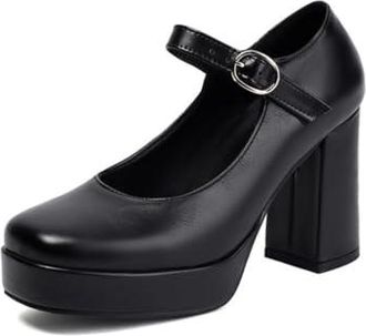 Generic Plates-Formes pour Femmes Chunky Talons Hauts Couleur Unie Mary Jane Chaussures Boucle Sangle Bout Rond Robe Pompes pour Soirée de Mariage de fête,Noi