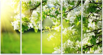 Islandburner Bild auf Leinwand Naturszene Mit Blühenden Baum Und Sonne Frühlings Blumen Wandbild Poster Bilder 170x80cm - 5 Teile XXL