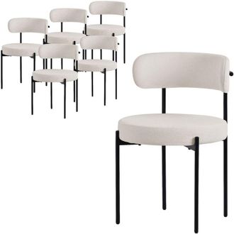 ML Design ML-Design Lot de 6 Chaises de Salle &agrave; Manger, en Tissu Teddy Polyester, Blanc, avec Dossier, Chaise Ronde Rembourr&eacute;e avec Pieds M&eacute;talliques Noirs