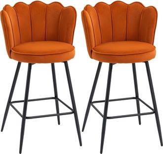 HOMCOM Barhocker 2er Set, moderne Samt-Barhocker mit Bl&uuml;tenblatt-R&uuml;ckenlehne und Fu&szlig;st&uuml;tze, gepolsterte Fr&uuml;hst&uuml;cks-Barst&uuml;hle mit Metallbeinen f&uuml;r K&uuml;cheninsel