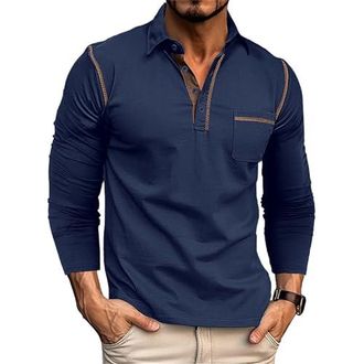 Generic Chemises Henley d&eacute;contract&eacute;es tendance &agrave; manches longues de couleur unie confortables et l&eacute;gers avec poche pour le golf, bleu, XXL